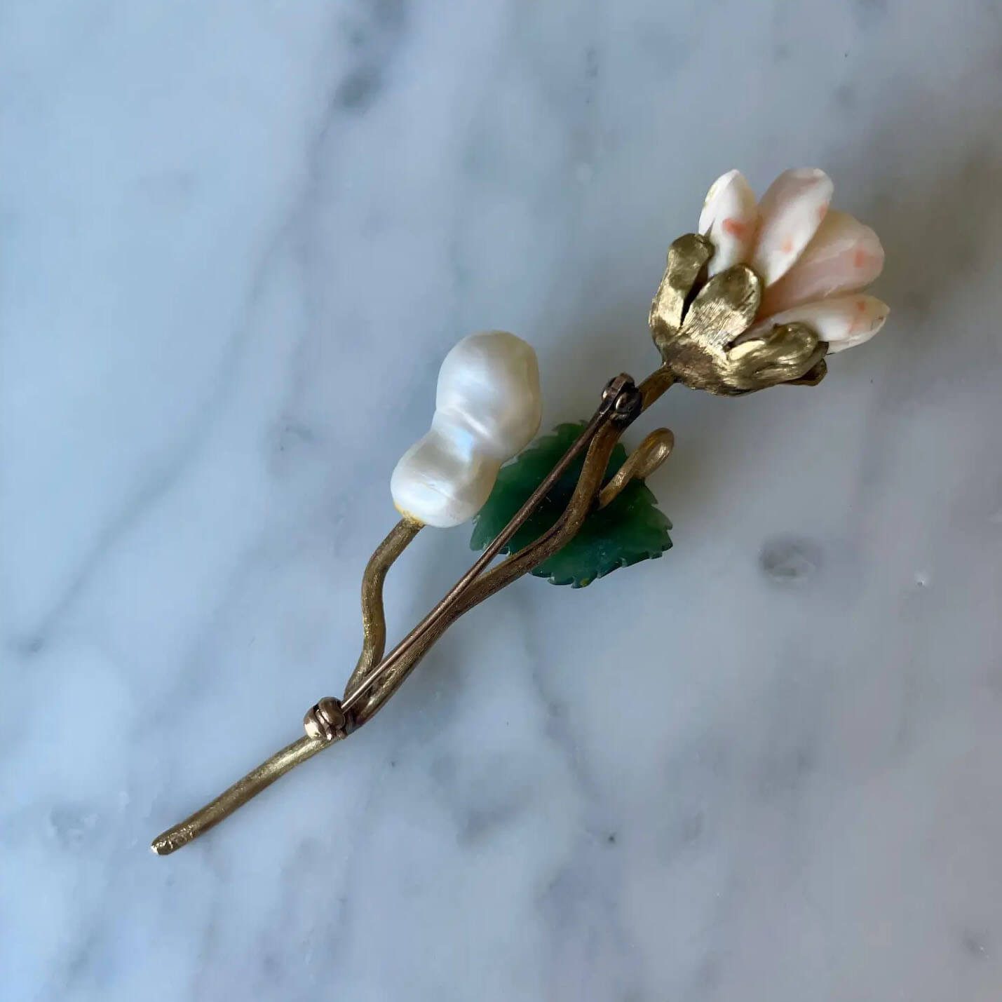 Antique 18K Yellow Gold Pink Coral, Jade & Pearl Rose Flower Brooch/Pin – Historic Shop