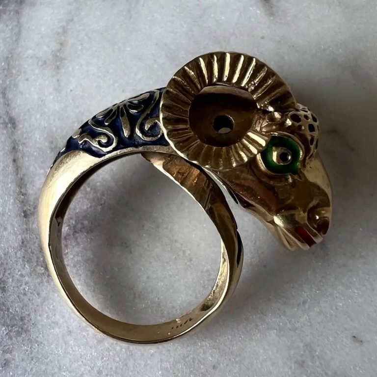 1950’s Vintage 18K Yellow Gold Enamel Ram Head Wrap Around Ring ...