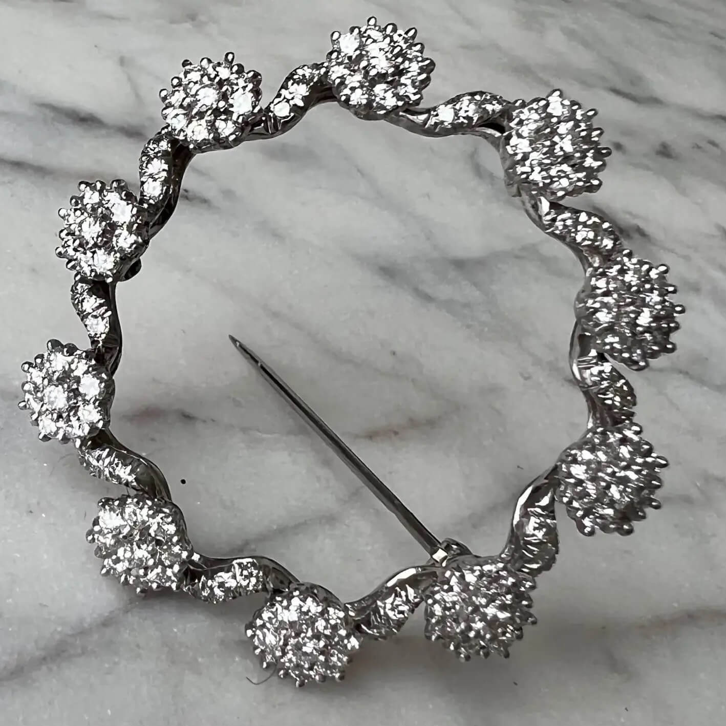 Vintage 1950’s 14K White Gold Flower Cluster Wreath Brooch/Pin ...