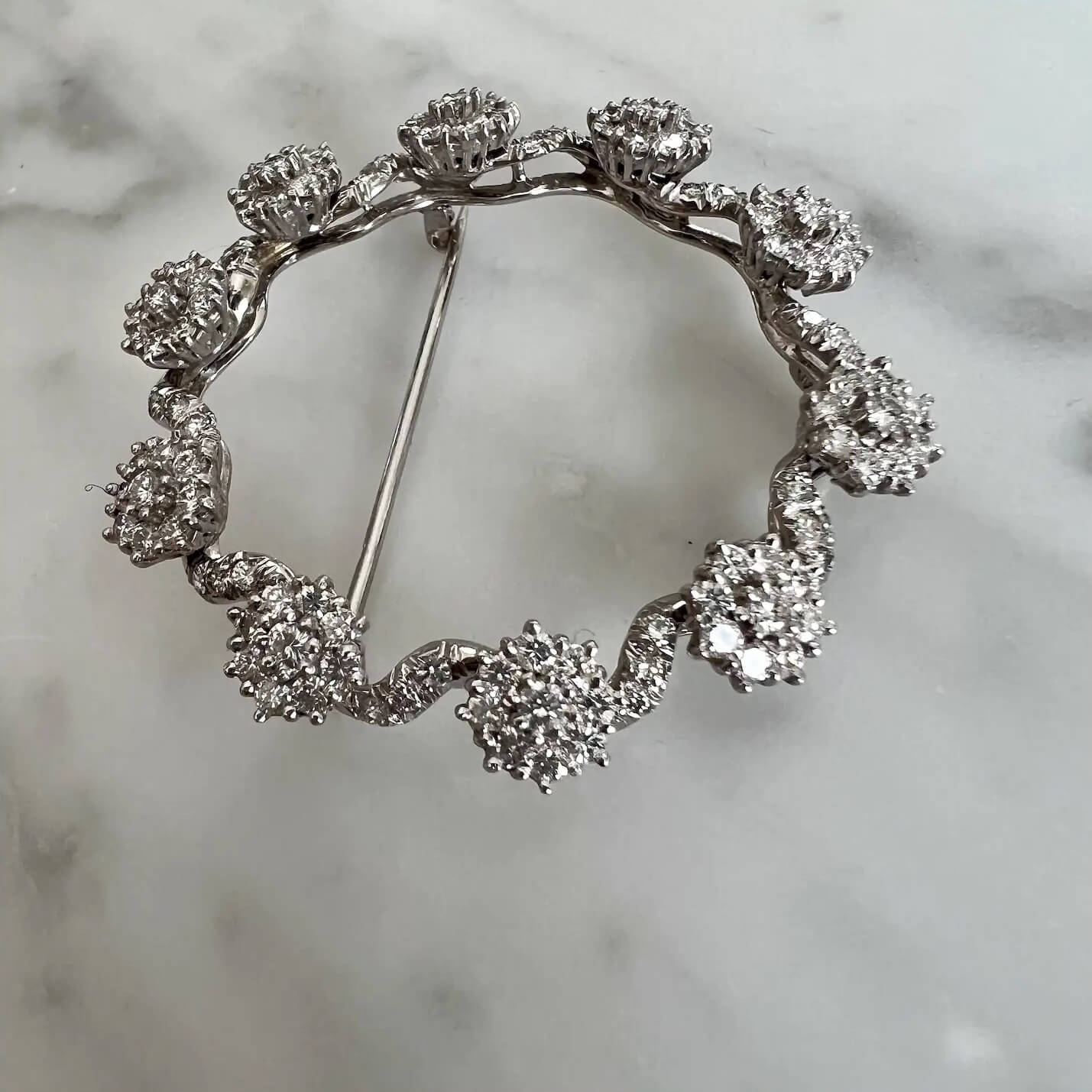 Vintage 1950’s 14K White Gold Flower Cluster Wreath Brooch/Pin ...