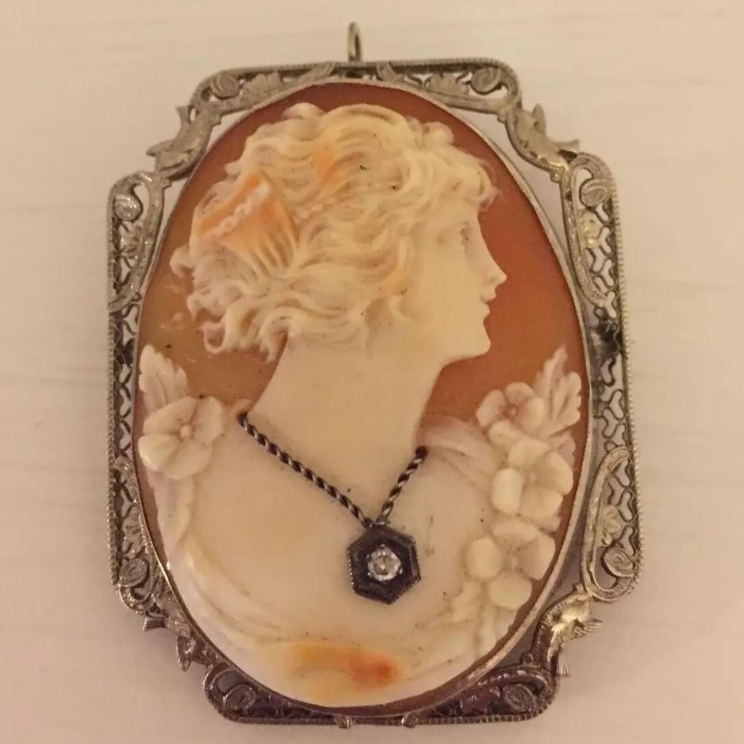 Beautiful Art Deco Carved Shell Cameo Brooch Pin Pendant 14k White Gold ...