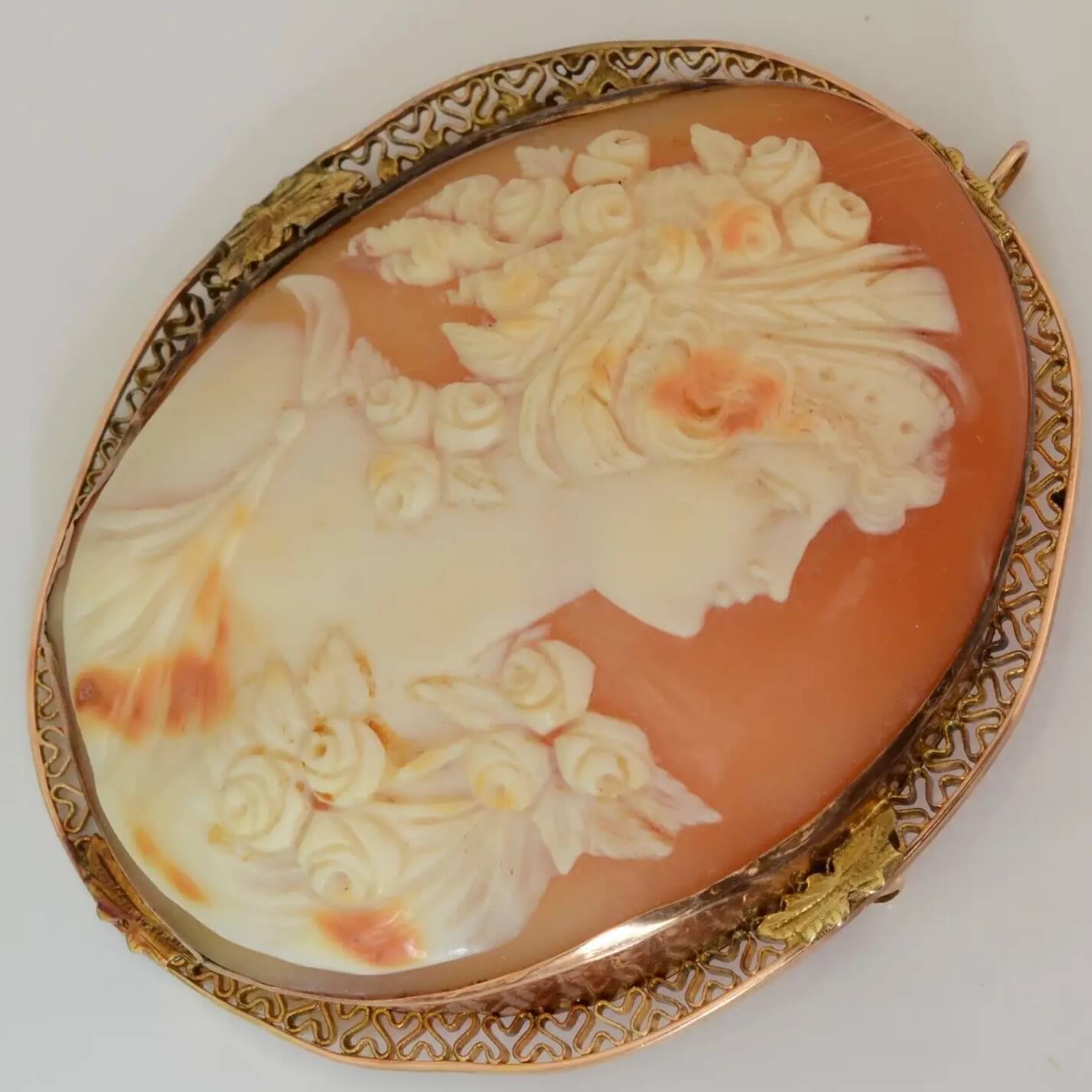 Extra Large 14K Yellow Gold Shell Cameo Woman and Flowers – Historic Shop