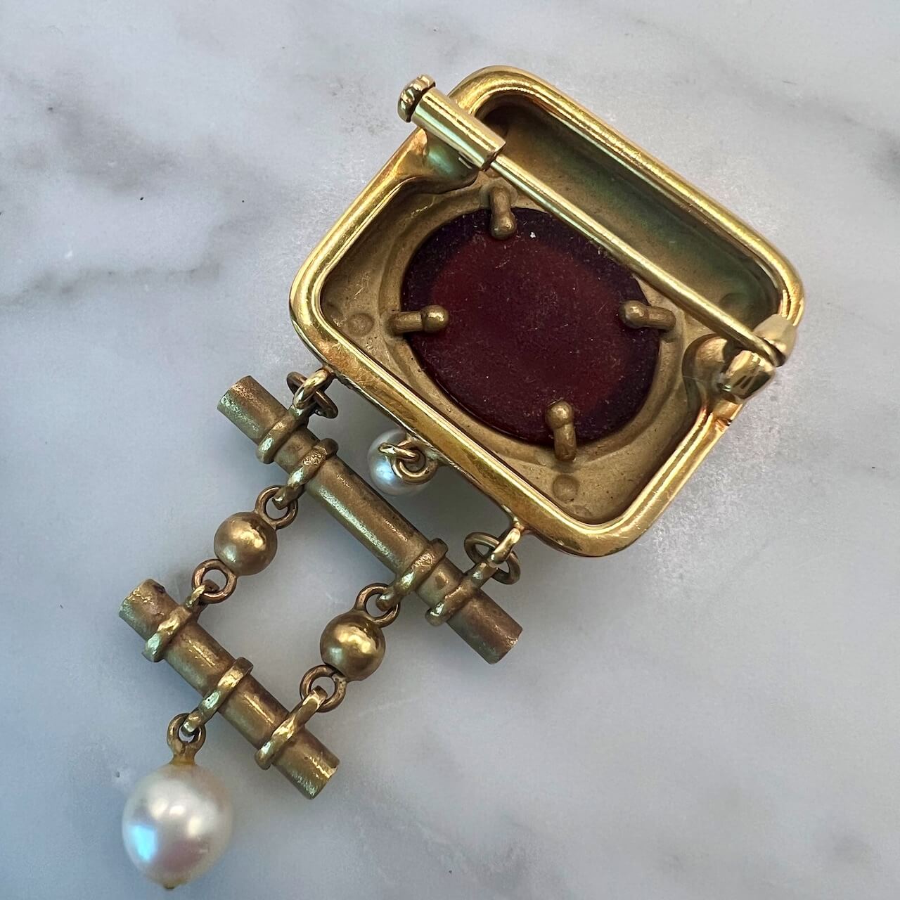 Antique 18K Yellow Gold Carnelian Intaglio & Pearl Drop Brooch/Pin ...