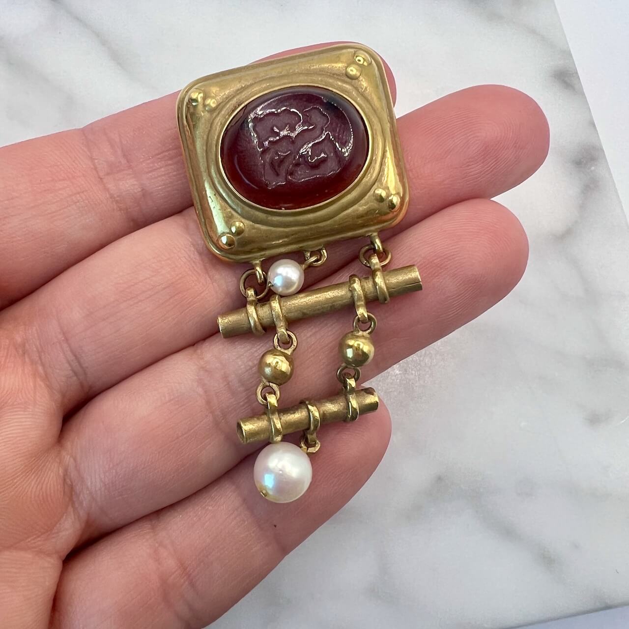 Antique 18K Yellow Gold Carnelian Intaglio & Pearl Drop Brooch/Pin ...