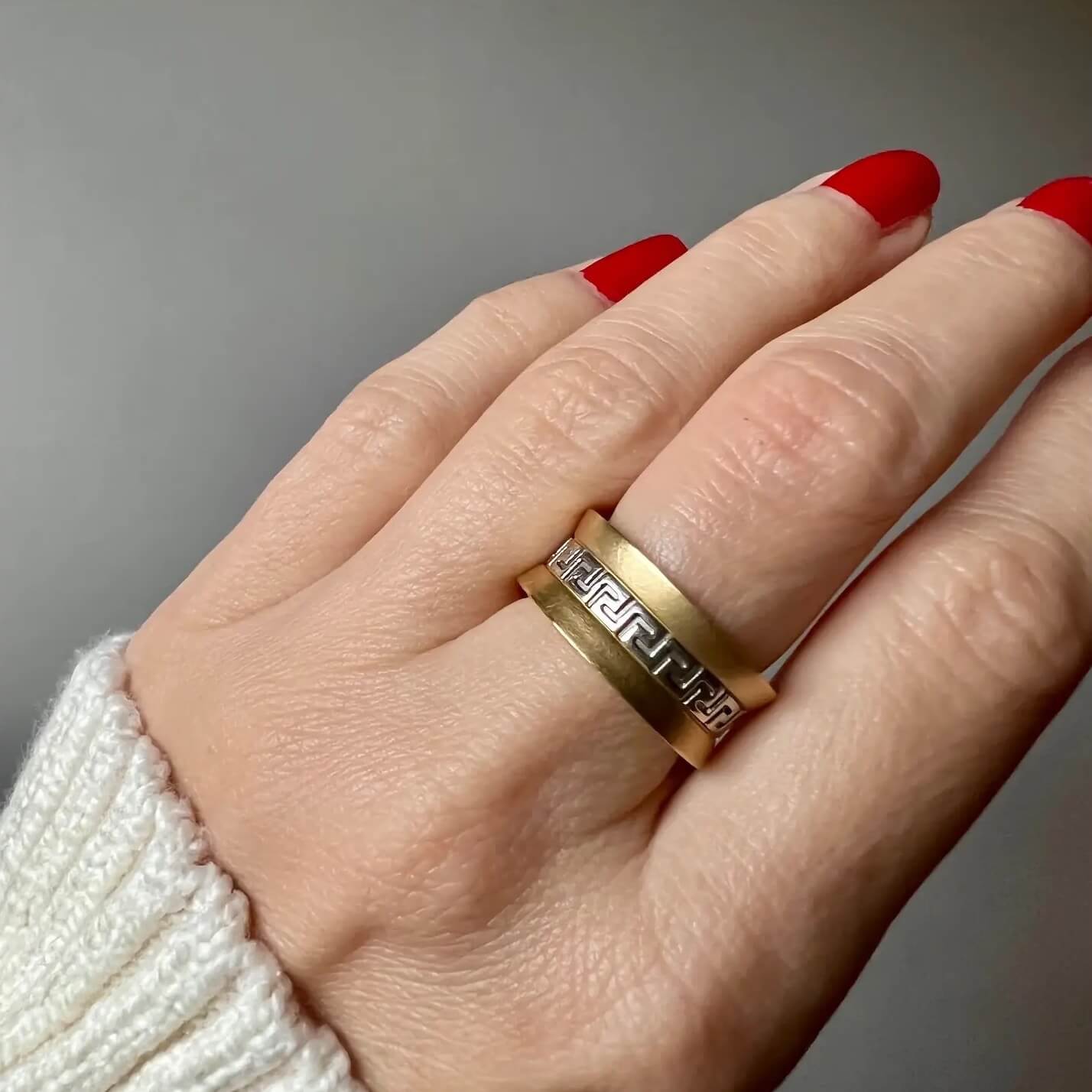 18K Yellow White Gold Unisex Ancient Greek Key Pattern Wedding Ring ...