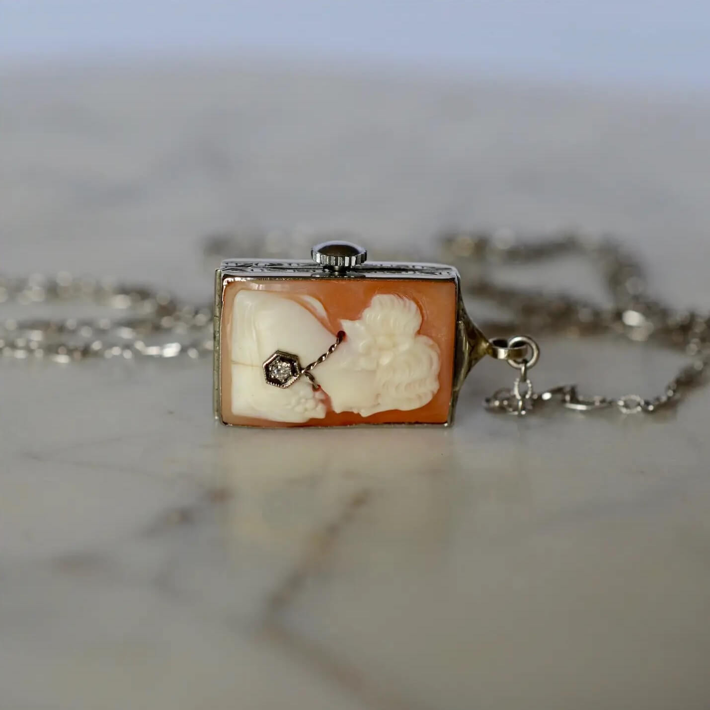 Antique De Frece Lady’s 14K White Gold Shell Cameo & Diamond Pendant ...
