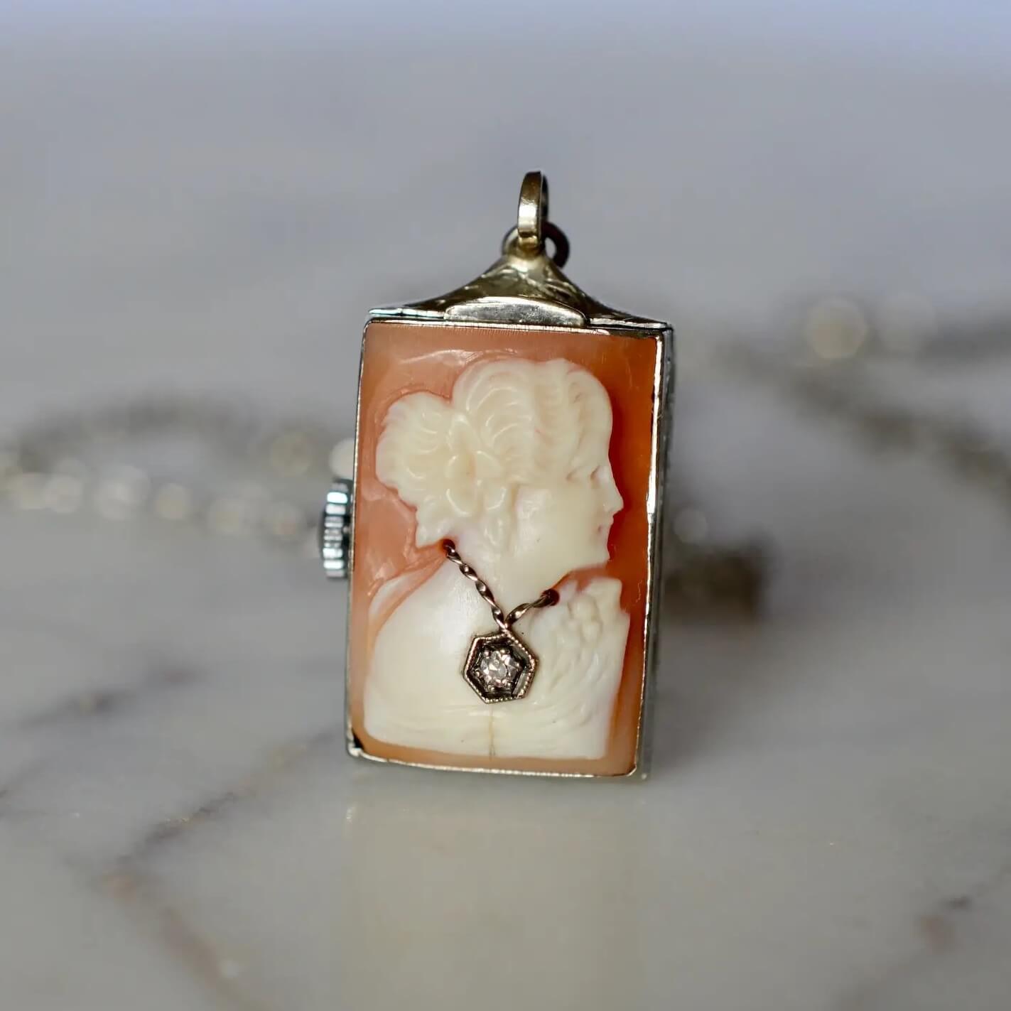 Antique De Frece Lady’s 14K White Gold Shell Cameo & Diamond Pendant ...