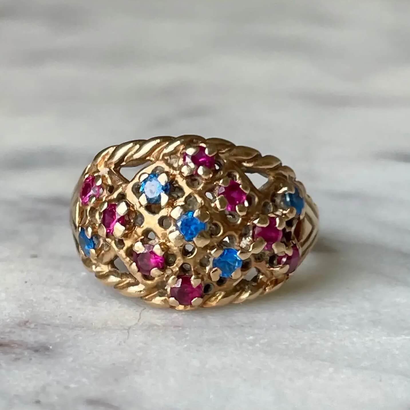 Elegant 14K Yellow Gold Filigree Ruby & Blue Spinel Cluster Ring ...
