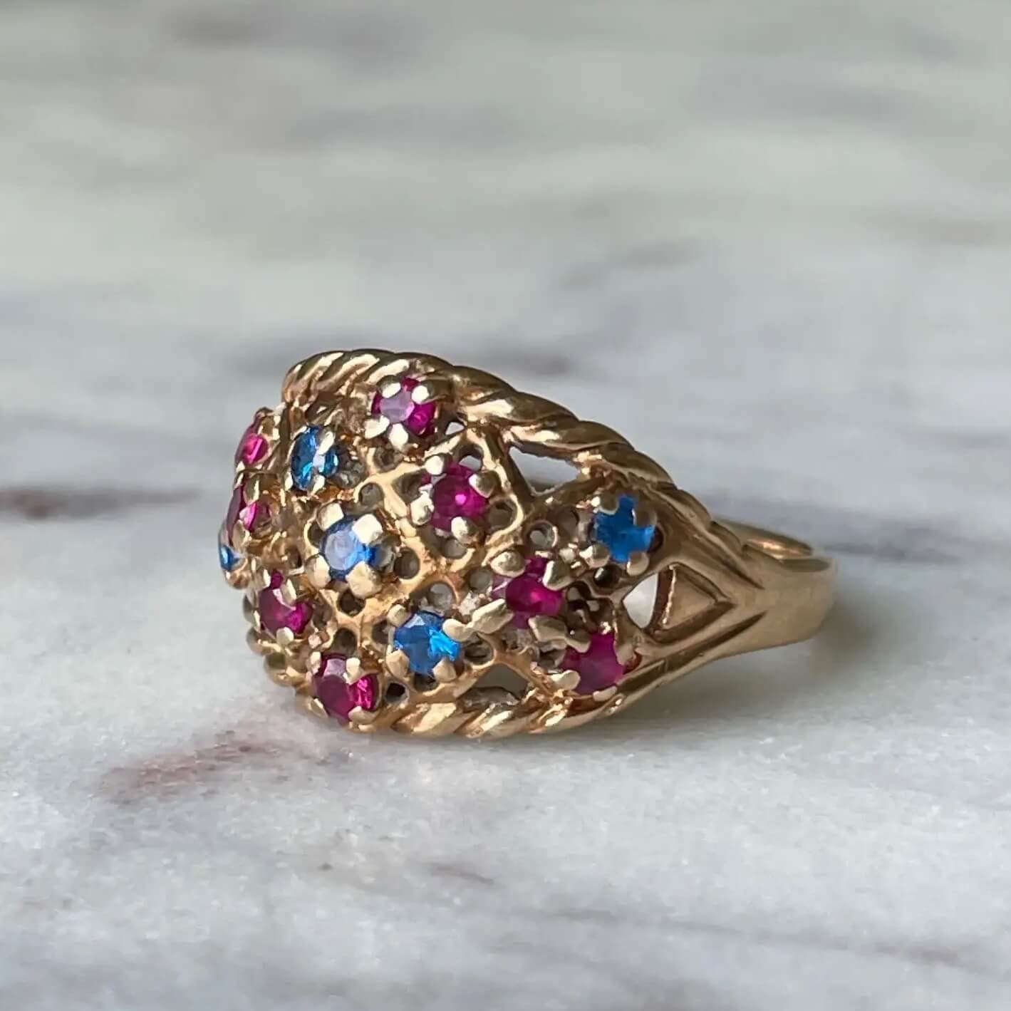 Elegant 14K Yellow Gold Filigree Ruby & Blue Spinel Cluster Ring ...