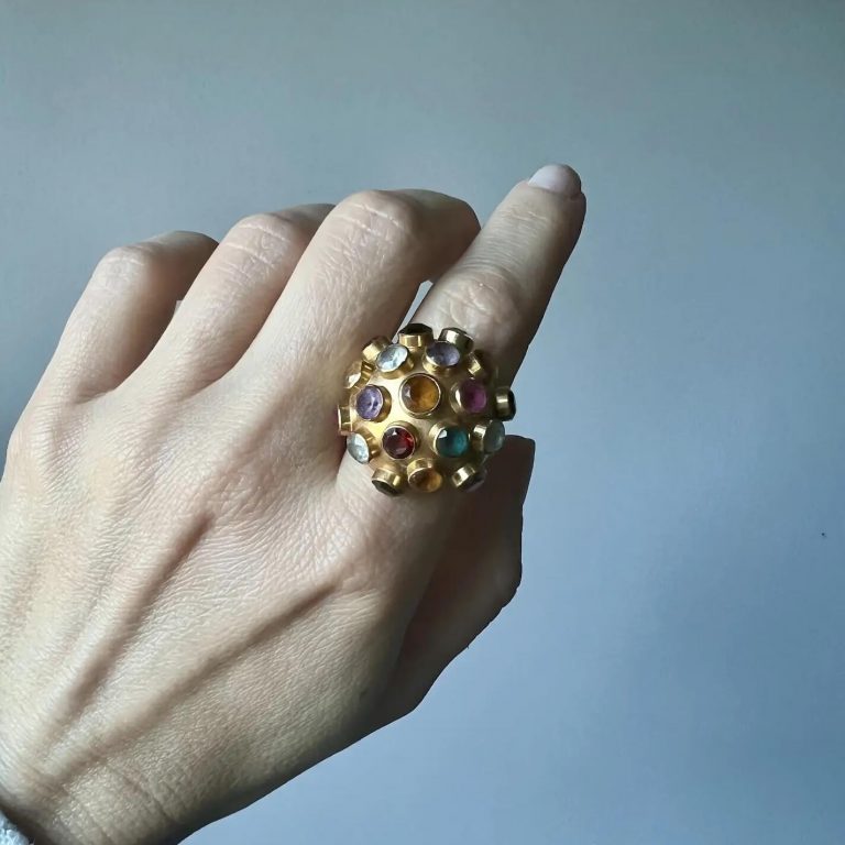 Iconic Retro 18K Yellow Gold Multi Gemstone Sputnik Dome Ring ...