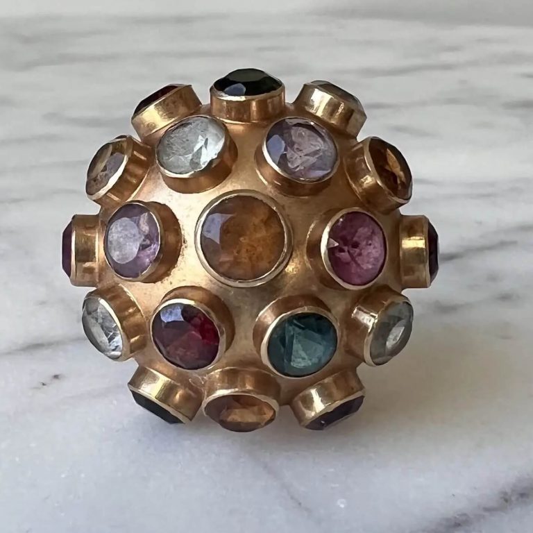 Iconic Retro 18K Yellow Gold Multi Gemstone Sputnik Dome Ring ...