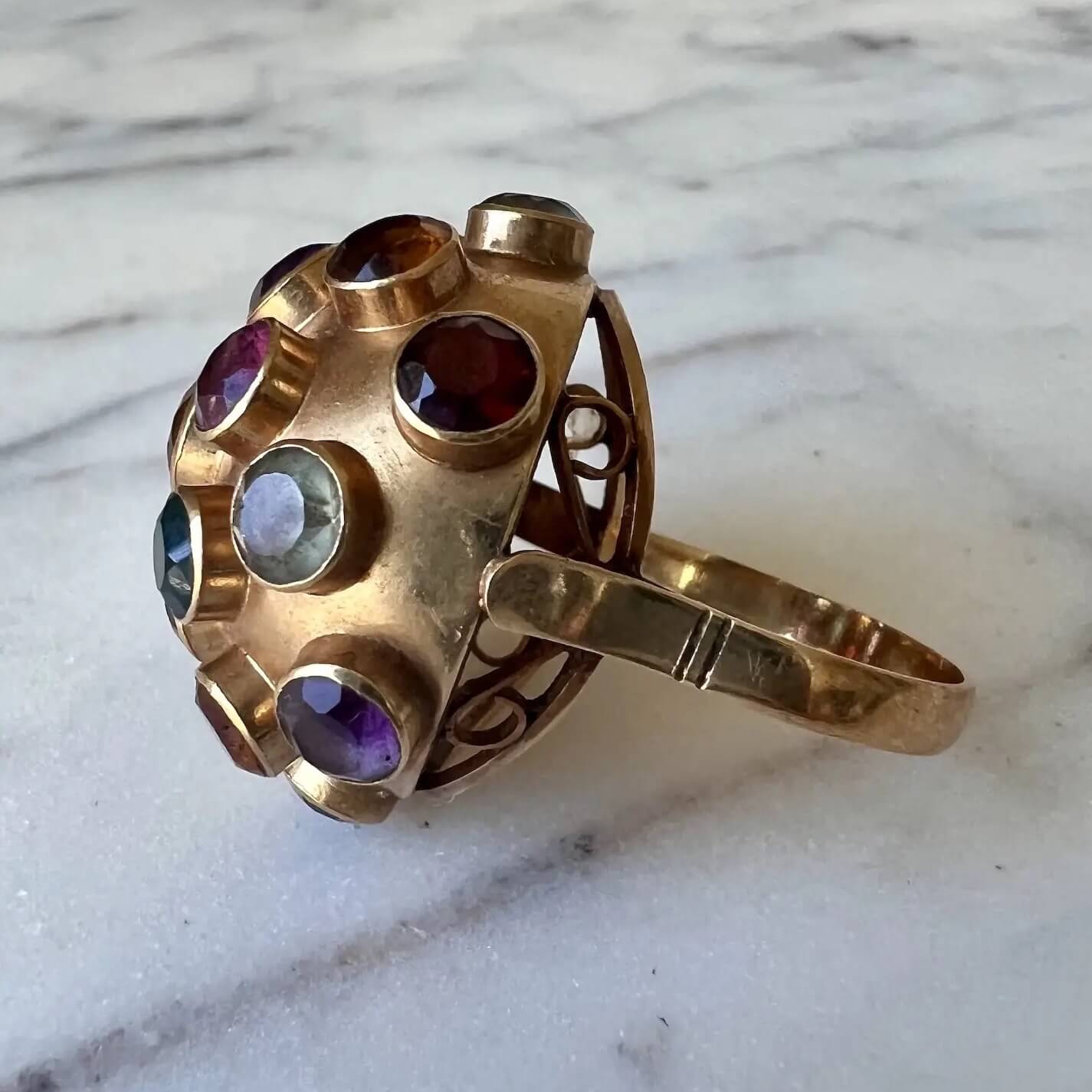 Iconic Retro 18K Yellow Gold Multi Gemstone Sputnik Dome Ring – Historic Shop