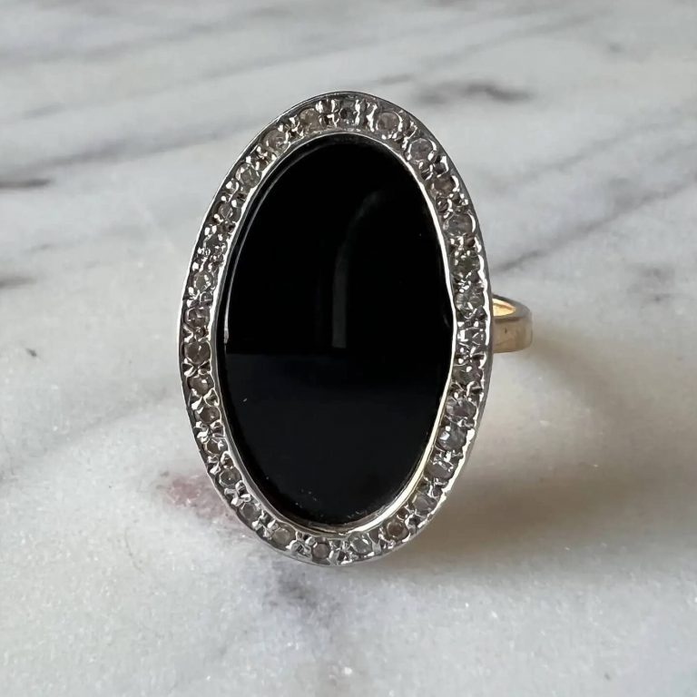 Unique 14K Yellow Gold Onyx & Diamond Halo Ring – Historic Shop