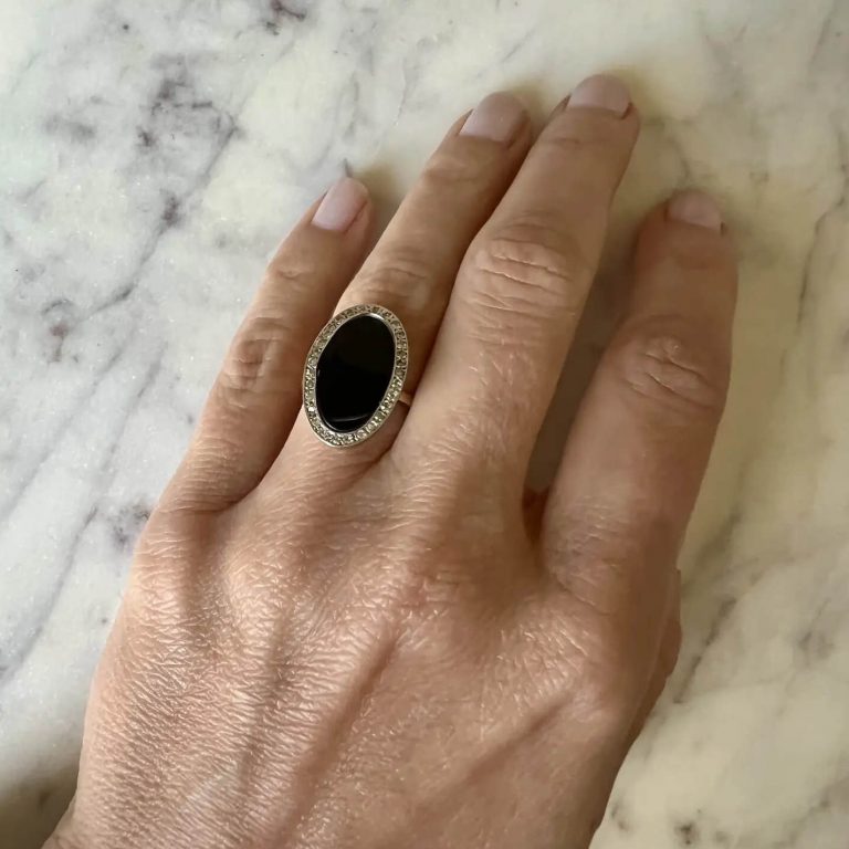 Unique 14K Yellow Gold Onyx & Diamond Halo Ring – Historic Shop