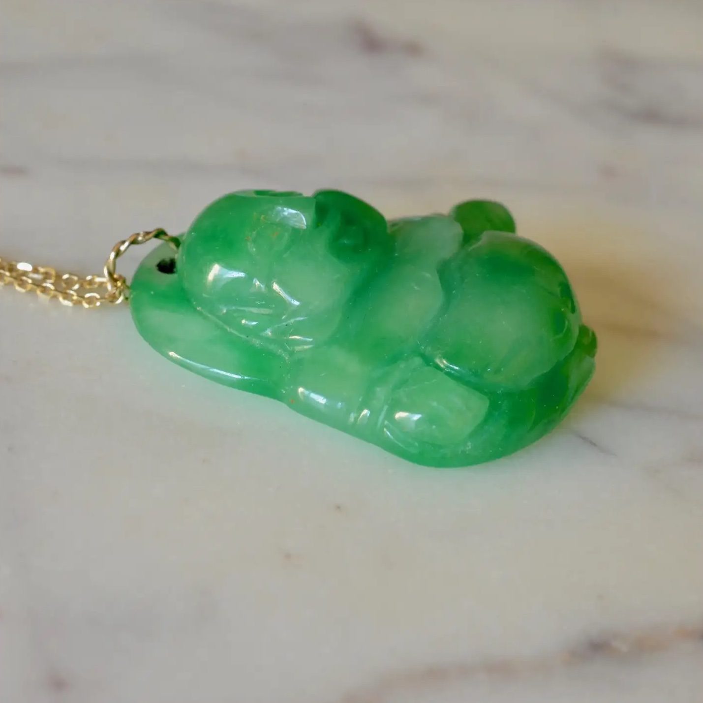 Vintage Carved Jade Laughing Buddha Pendant with 14K Yellow Gold Chain ...